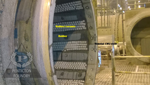 Chrome white iron and steel bi-metallic trunnion discharge liner ...